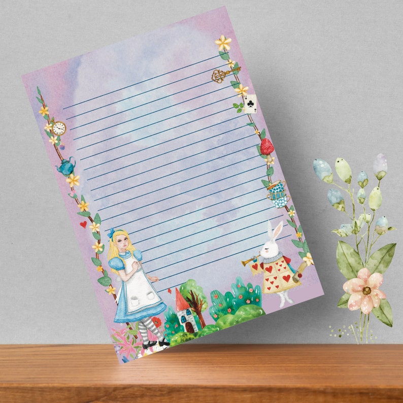 Printable Lined Paper Alice in Wonderland Watercolor, Digital Lined ...