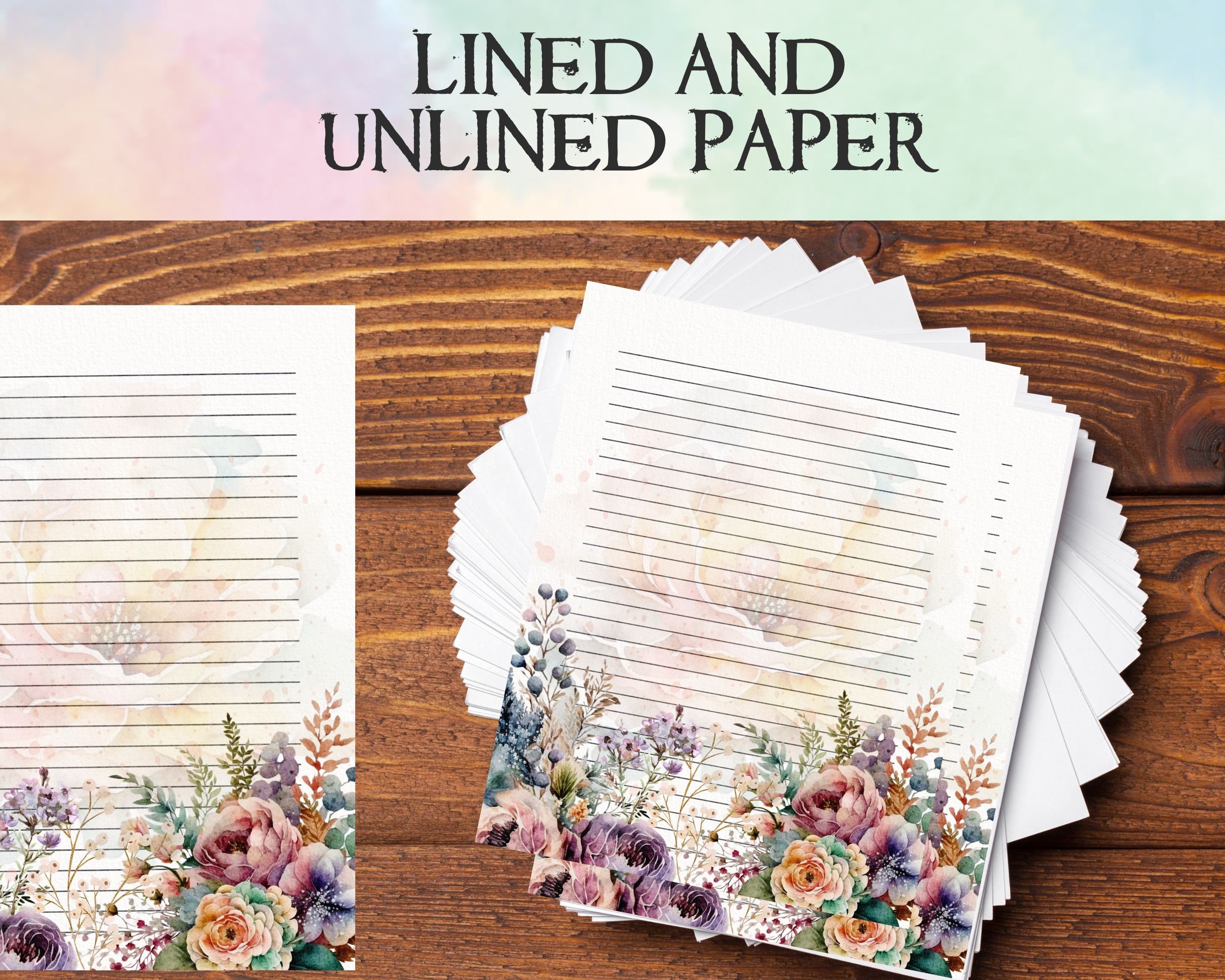 Lined Unlined Journal, Printable Paper, Beautiful Paper, Pastel Flowers ...
