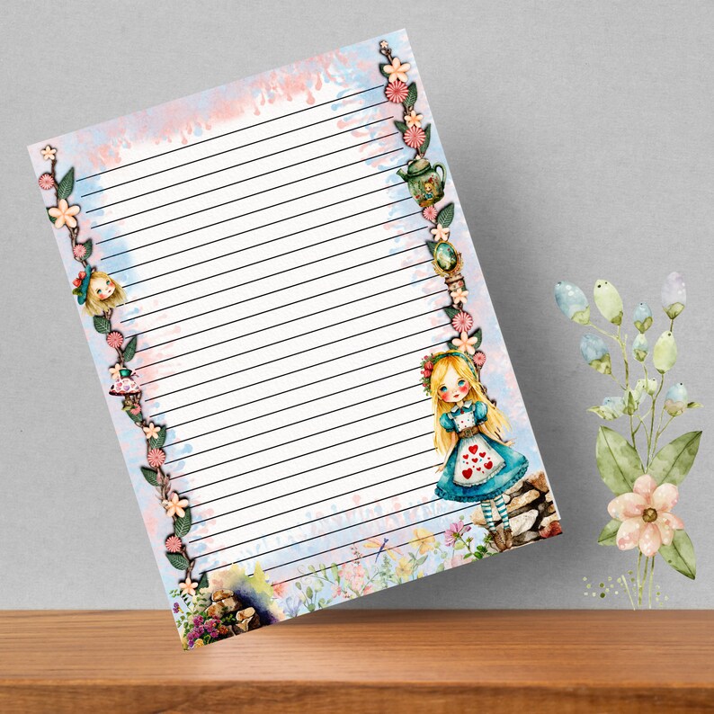 Printable Lined Paper Alice in Wonderland Watercolor, Digital Lined ...