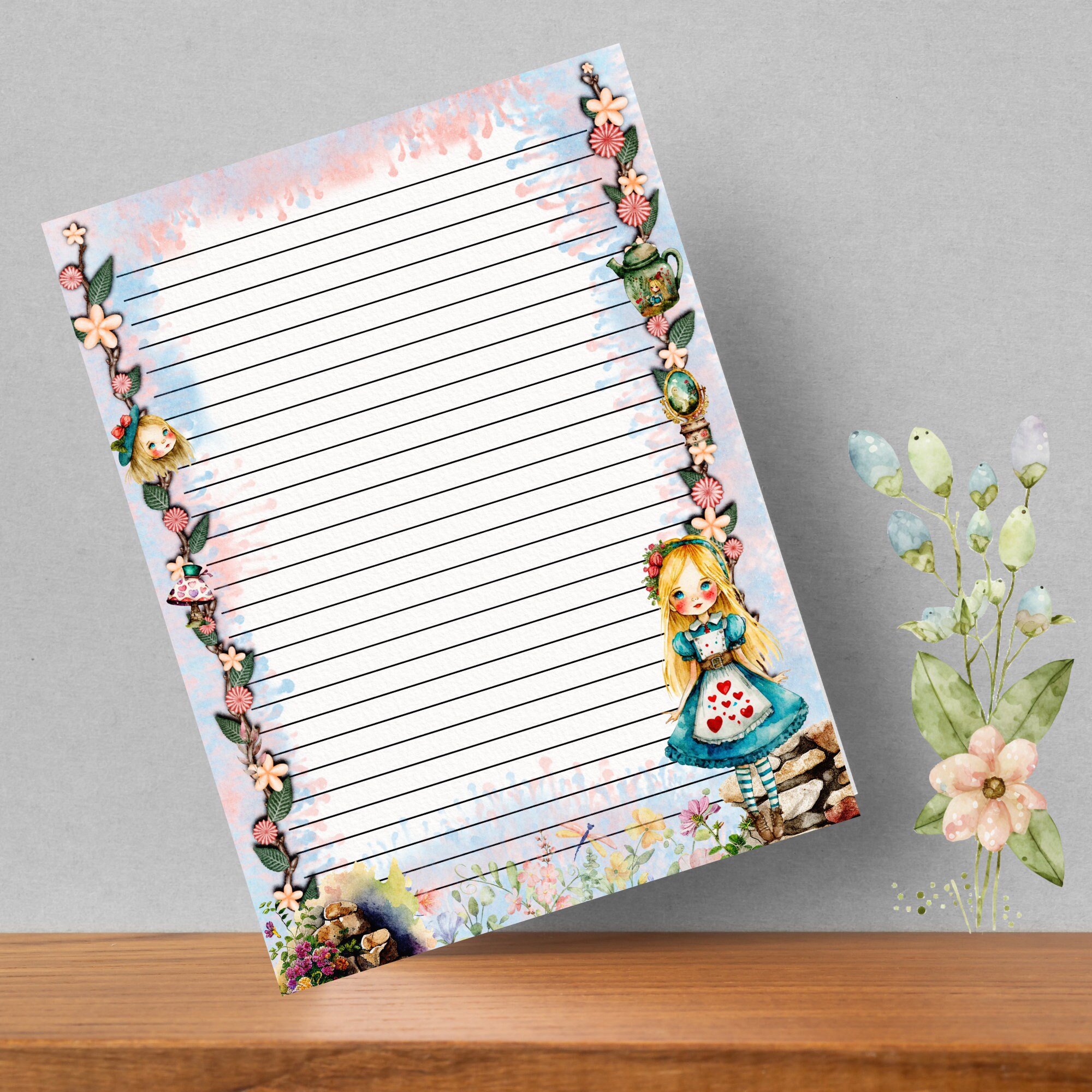 Printable Lined Paper Alice in Wonderland Watercolor, Digital Lined ...
