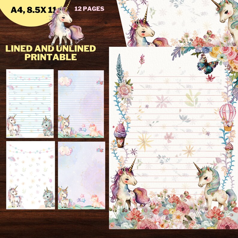 3 Designs Cute Unicorn Printable Letter Paper Watercolor, Digital Lined ...