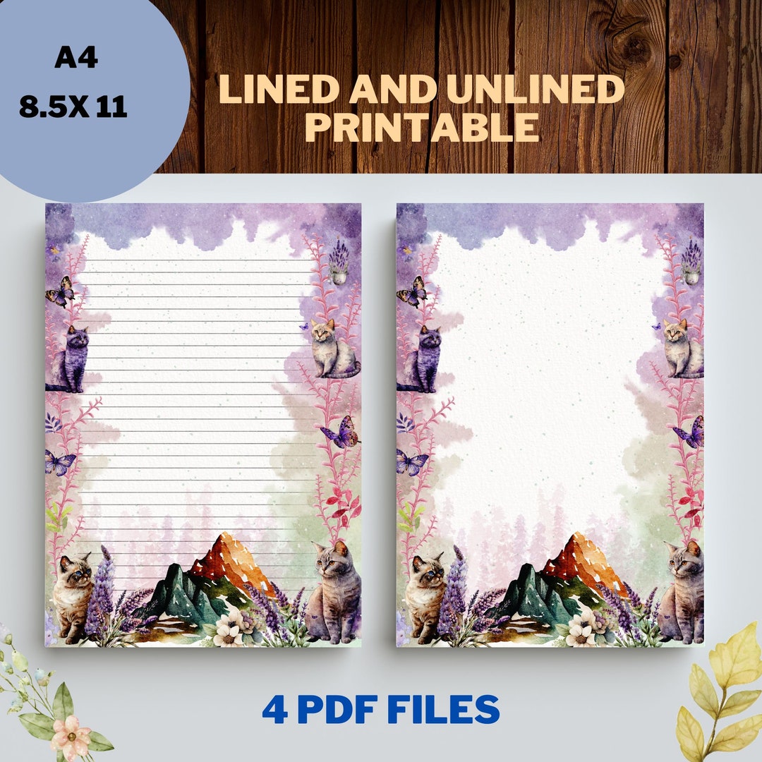 Wild Cat , Gorgeous Watercolor Flowers Printable Stationery, Lined ...