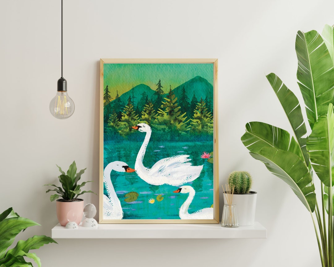 White Swan Painting Spring Printable Wall Art Swan in the Pond Rustic ...