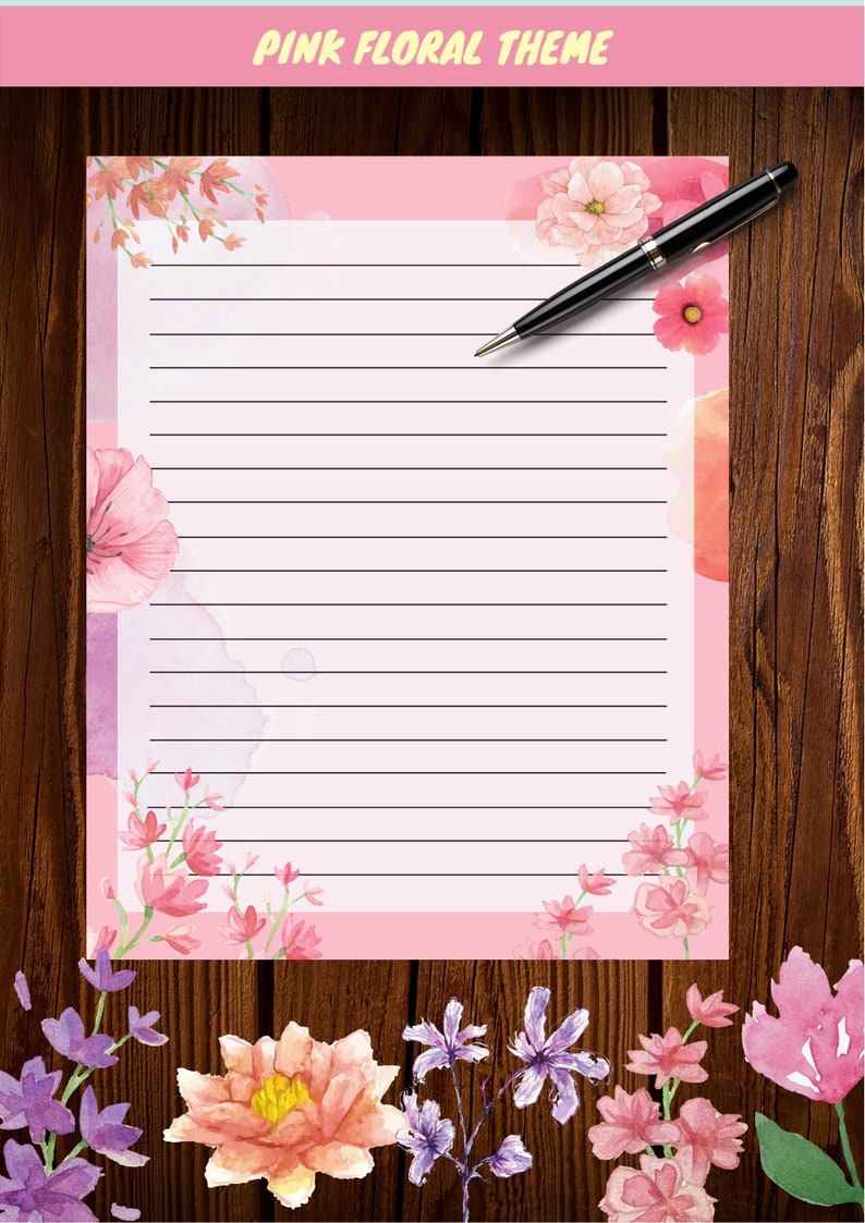 Watercolor Pink Flowers Printable Stationery Digital Lined - Etsy