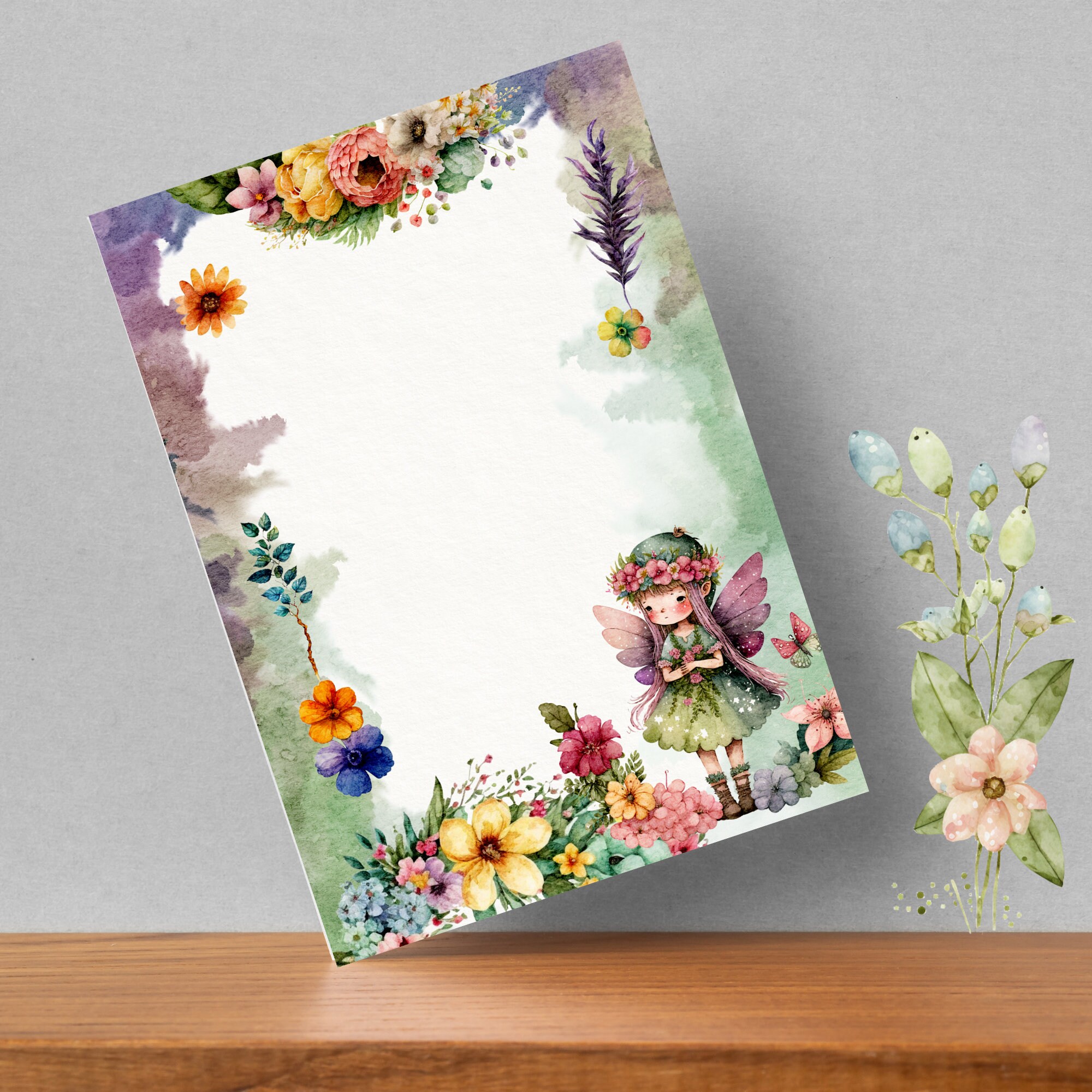 Watercolor Fairy Angel , Gorgeous Flowers Printable Stationery, Digital ...