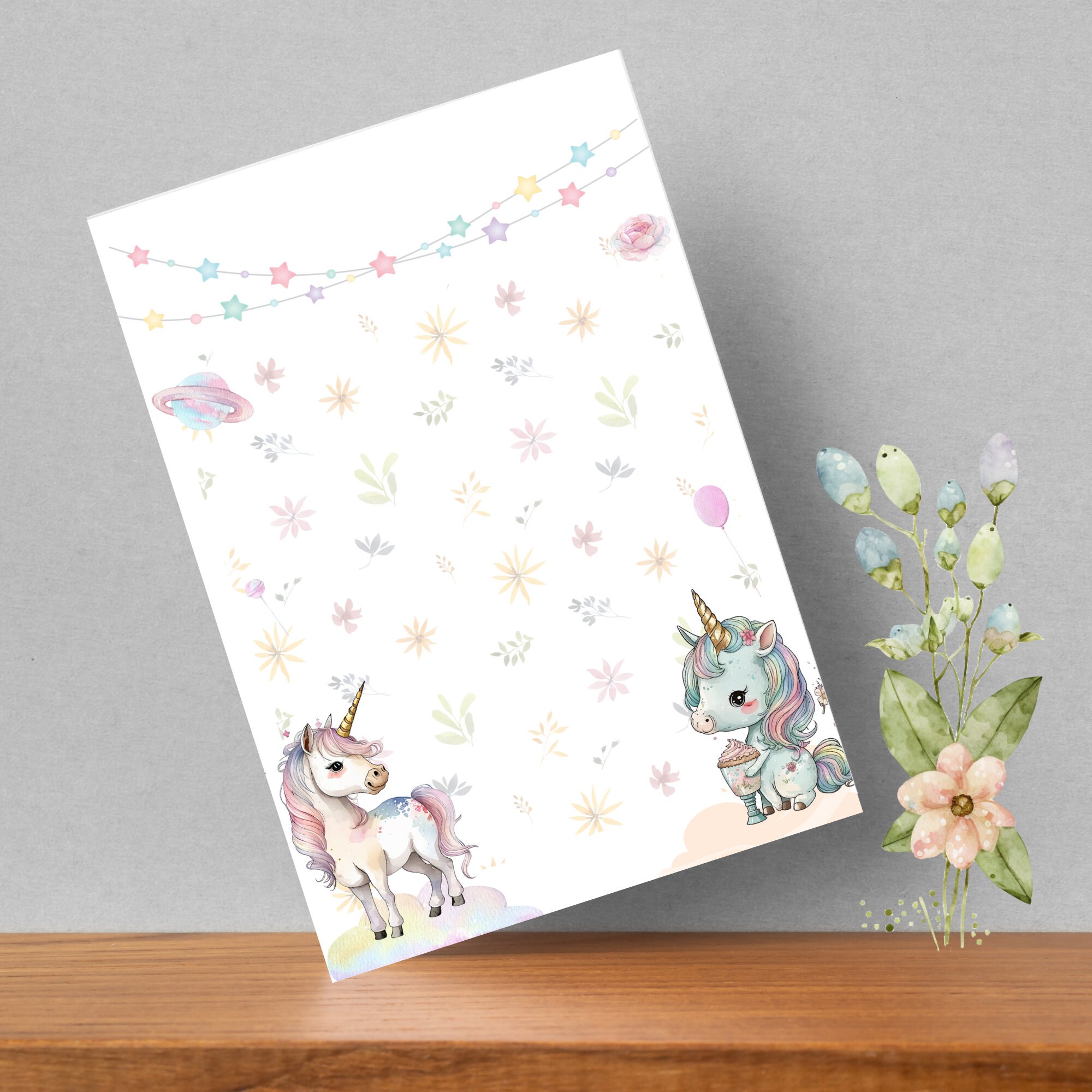 3 Designs Cute Unicorn Printable Letter Paper Watercolor, Digital Lined ...