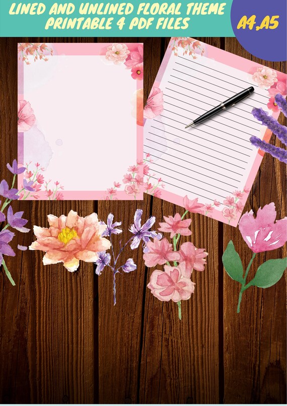 Watercolor Pink Flowers Printable Stationery Digital Lined | Etsy