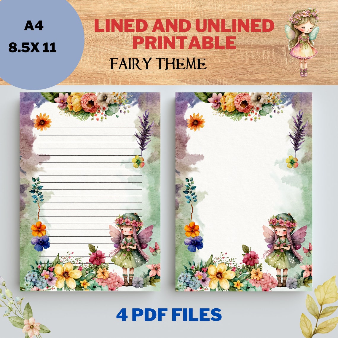 Watercolor Fairy Angel , Gorgeous Flowers Printable Stationery, Digital ...