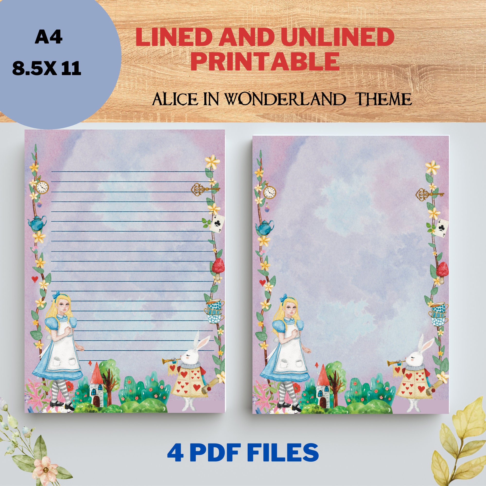 Printable Lined Paper Alice in Wonderland Watercolor, Digital Lined ...