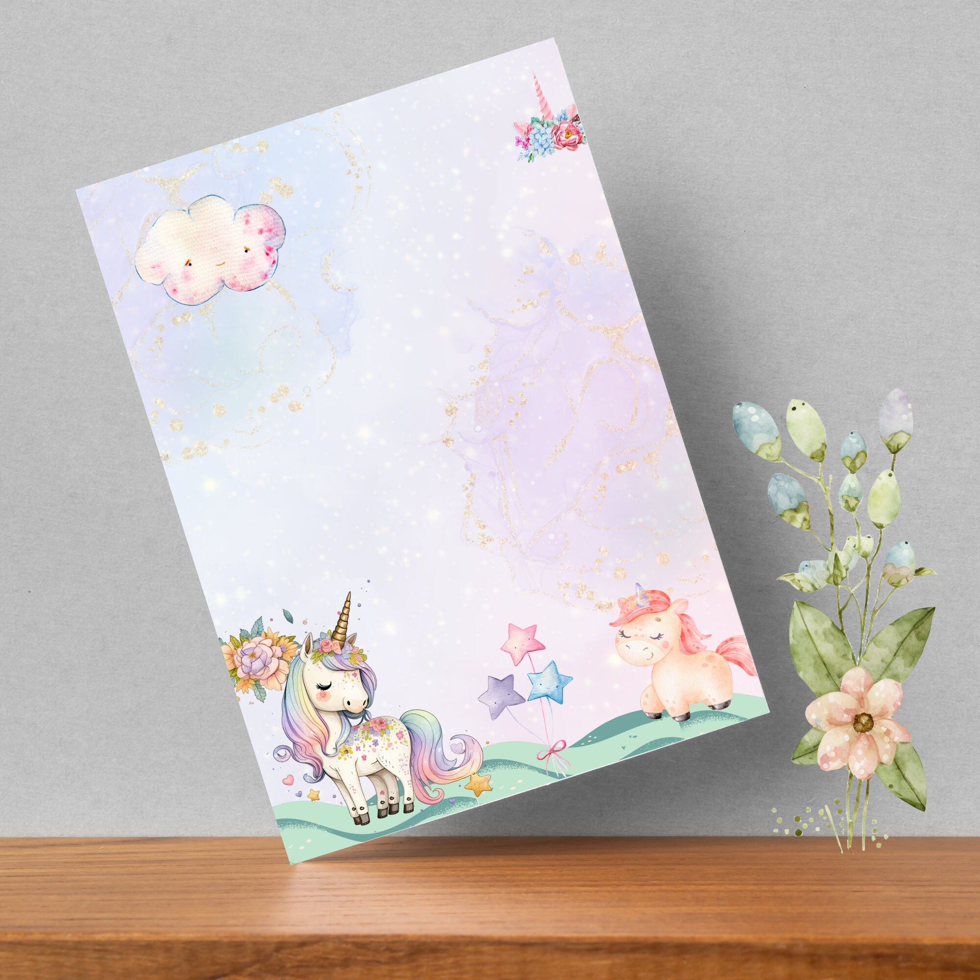 3 Designs Cute Unicorn Printable Letter Paper Watercolor, Digital Lined ...