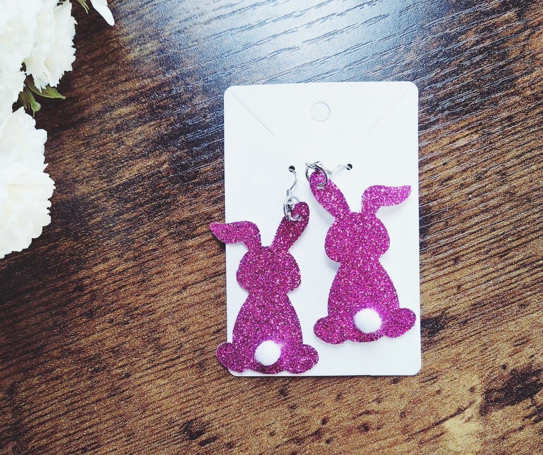 Bunny Earrings With Fluffy Tail, Dangle Faux Leather and HTV Earrings ...