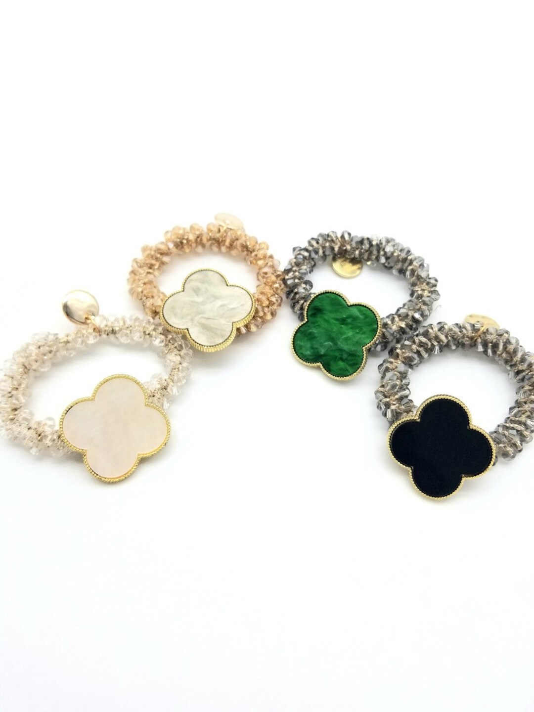 Sparkling Four Leaf Clover Hair Ties, Beads Four Leaf Clover Elastic ...