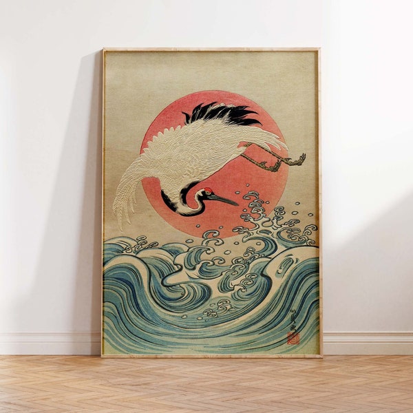 Japanese Crane and Waves - Etsy