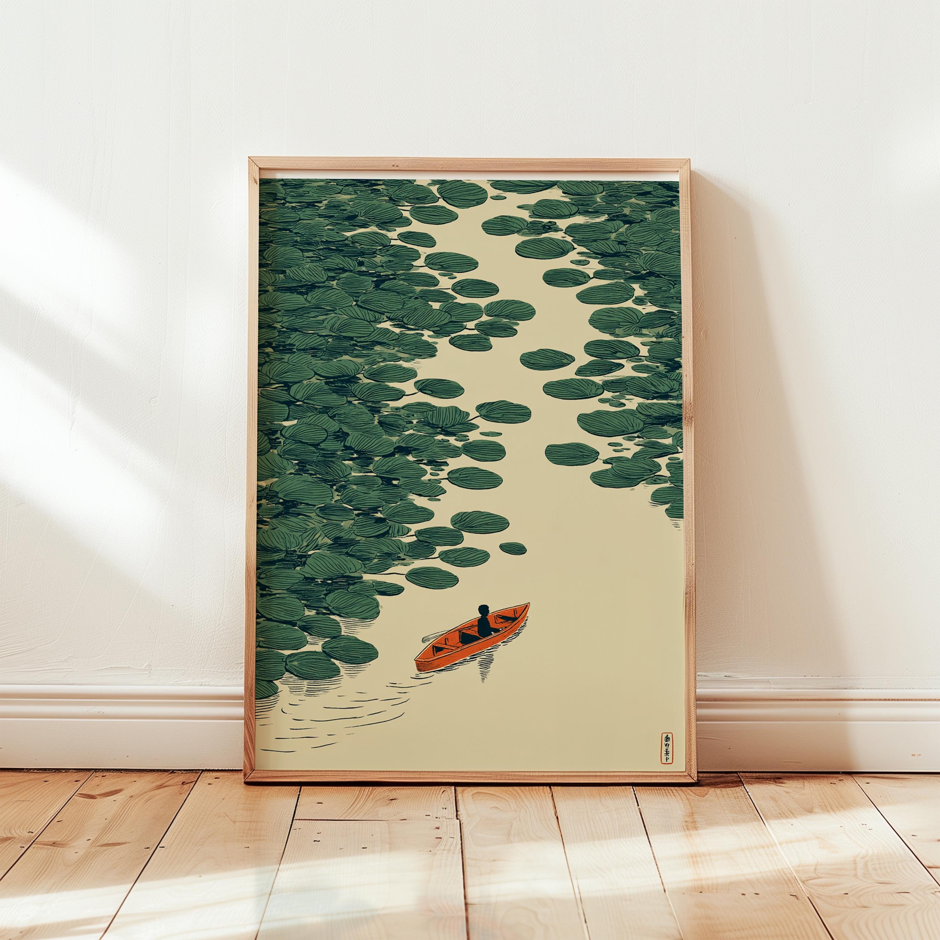 Minimalist Canoe Art Print | Japanese Zen Lily Pad Poster | Emerald ...