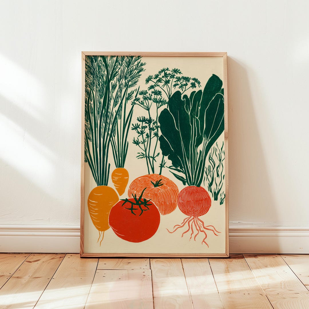 Garden Vegetable Art Print | Retro Linocut Kitchen Wall Art ...