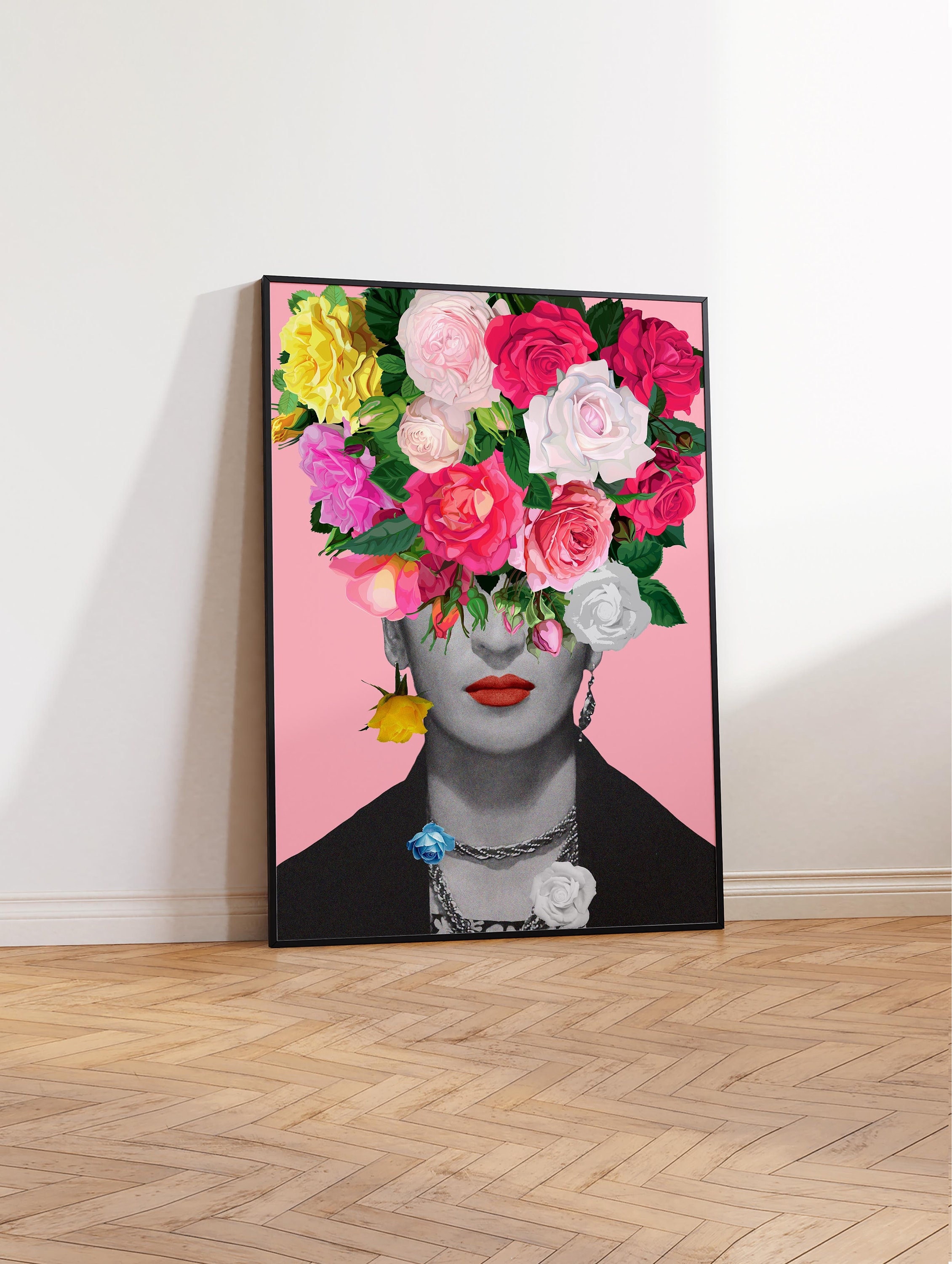 Frida Floral Poster Frida With Roses Modern Art Print Pink - Etsy UK