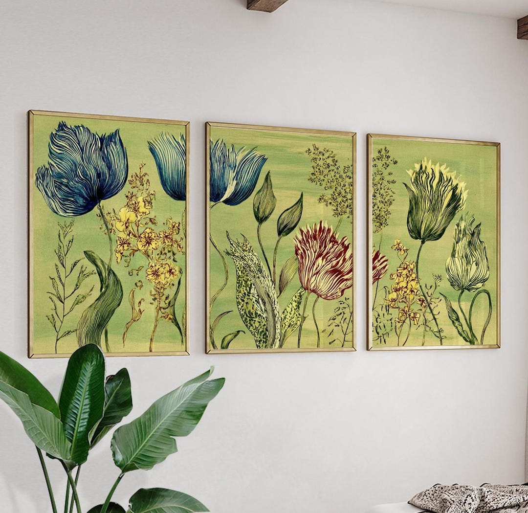 Green Botanical Poster Set | Vintage Floral Wall Art | Minimalist ...