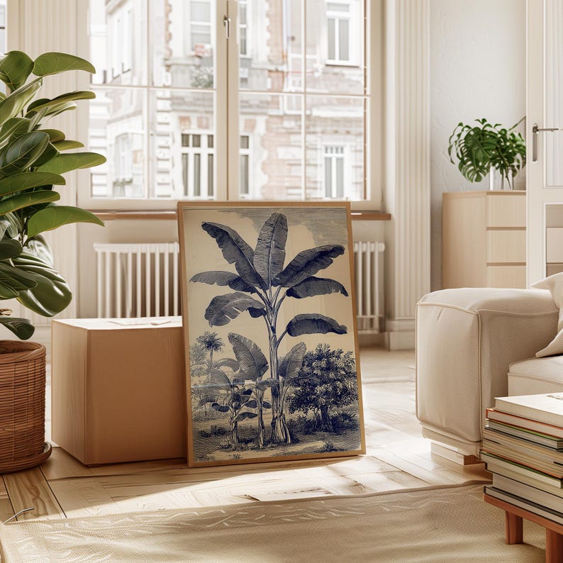 Banana Tree Poster | Navy Blue Etching | Vintage Botanical Illustration ...