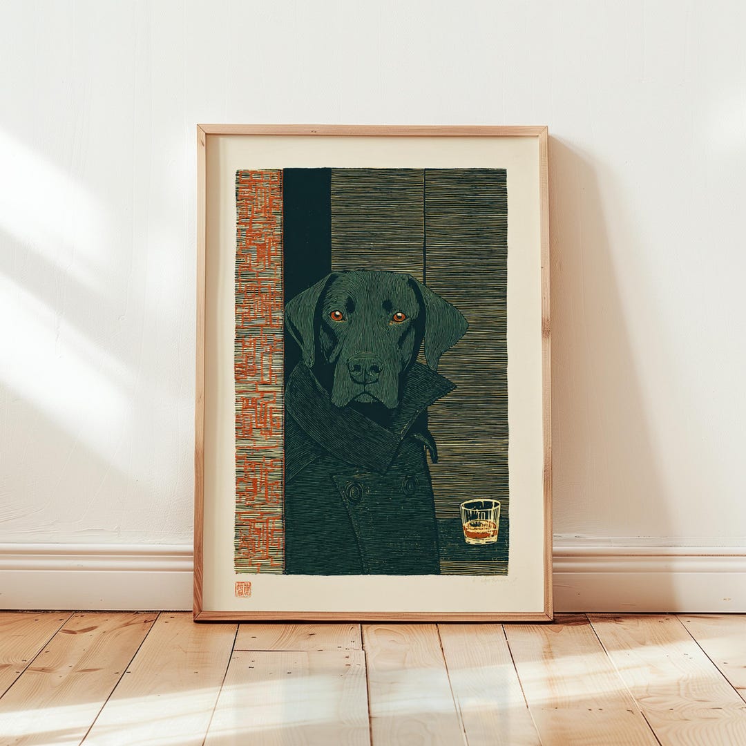 Noir Black Lab Linocut Poster | Detective Dog in Trench Coat Wall Art ...