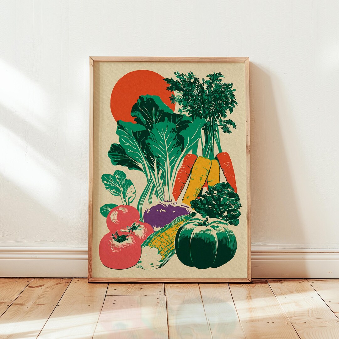 Garden Vegetable Art Print | Retro Linocut Kitchen Wall Art ...
