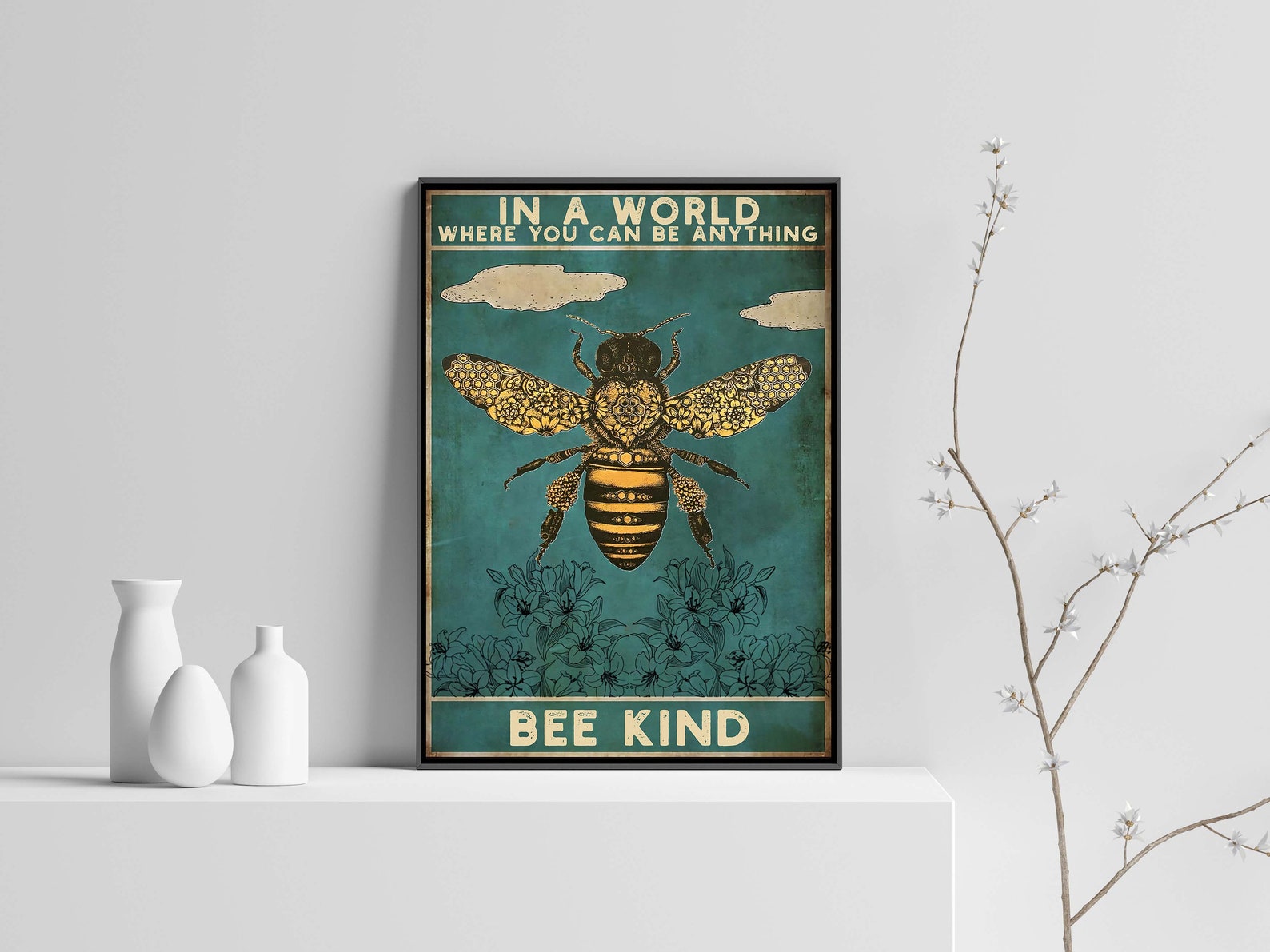 Be Kind Poster, Bee Kind Floral Art Poster, Honey Bee Print, Vintage ...