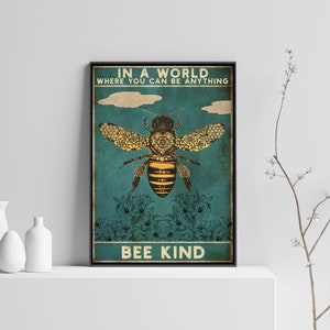 Be Kind Poster, Bee Kind Floral Art Poster, Honey Bee Print, Vintage ...