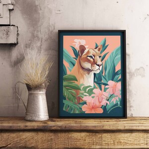 Tropical Jungle Puma Art Print, Tropical Puma Poster, Puma Art Print ...