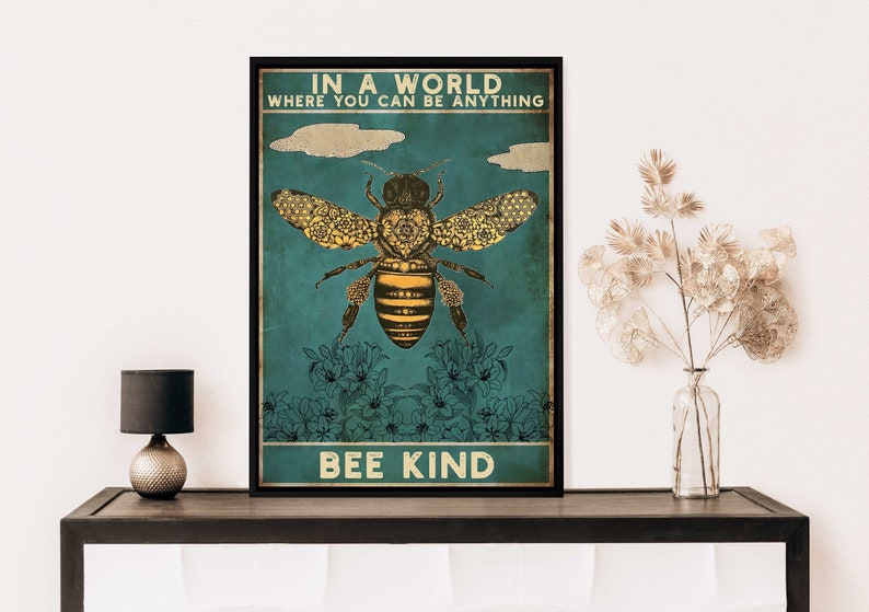 Be Kind Poster, Bee Kind Floral Art Poster, Honey Bee Print, Vintage ...