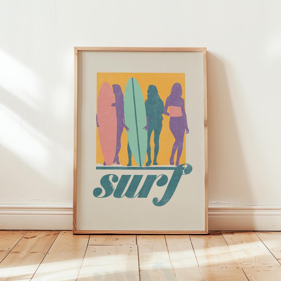 Retro 70s Surf Poster | Minimalist Surfboard Silhouette Wall Art ...