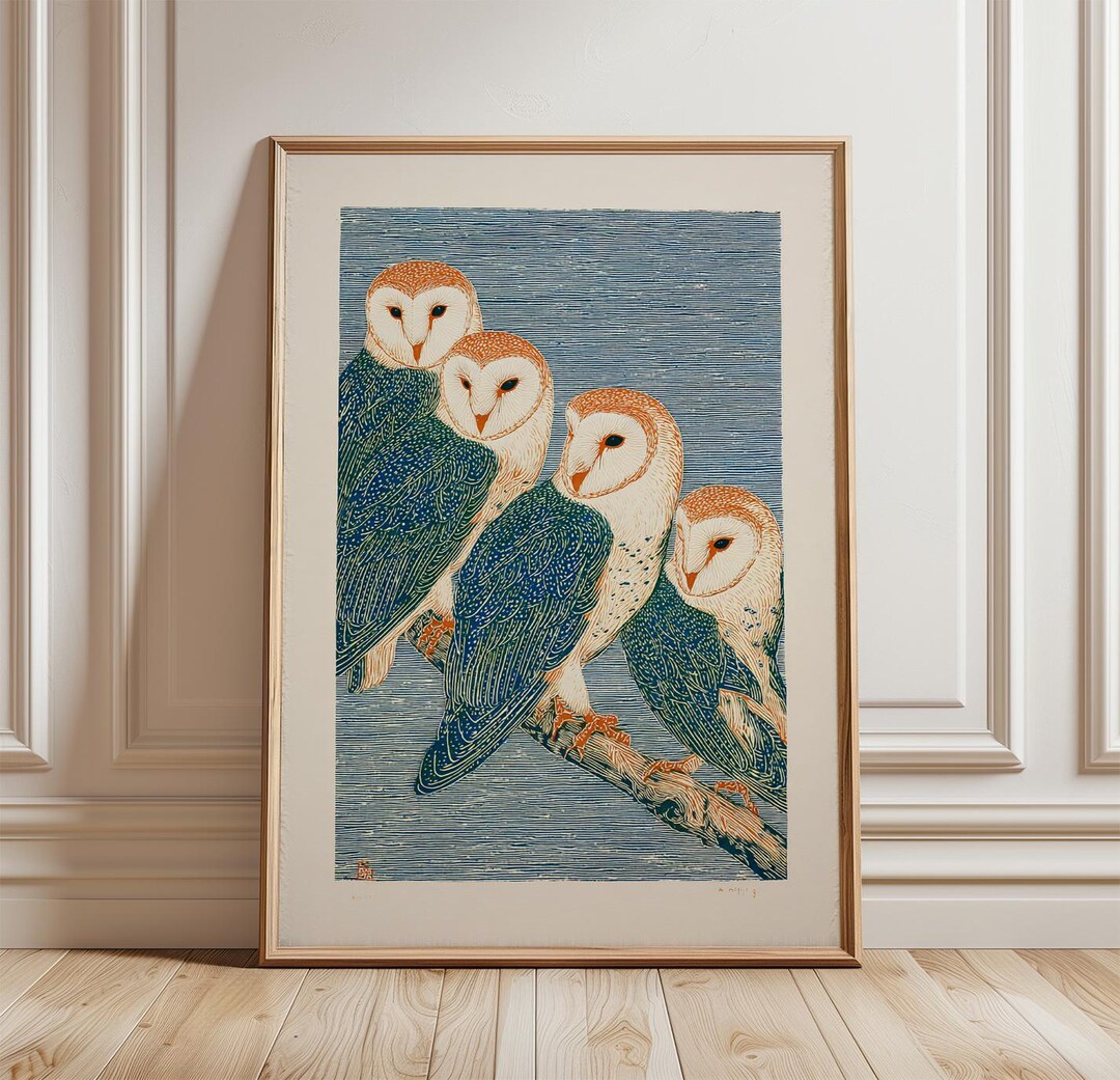 Blue and Orange Barn Owl Poster | Four Perched Owls | Japanese ...