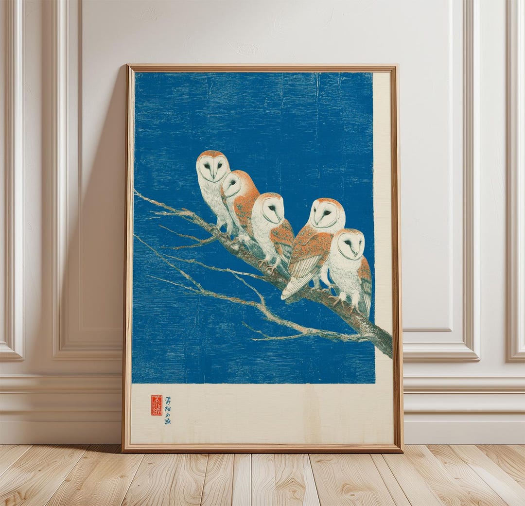 Blue Barn Owl Poster | Five Perched Owls | Japanese Woodblock Style ...