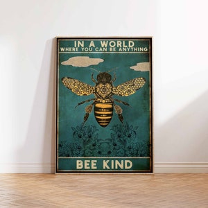 Be Kind Poster, Bee Kind Floral Art Poster, Honey Bee Print, Vintage ...