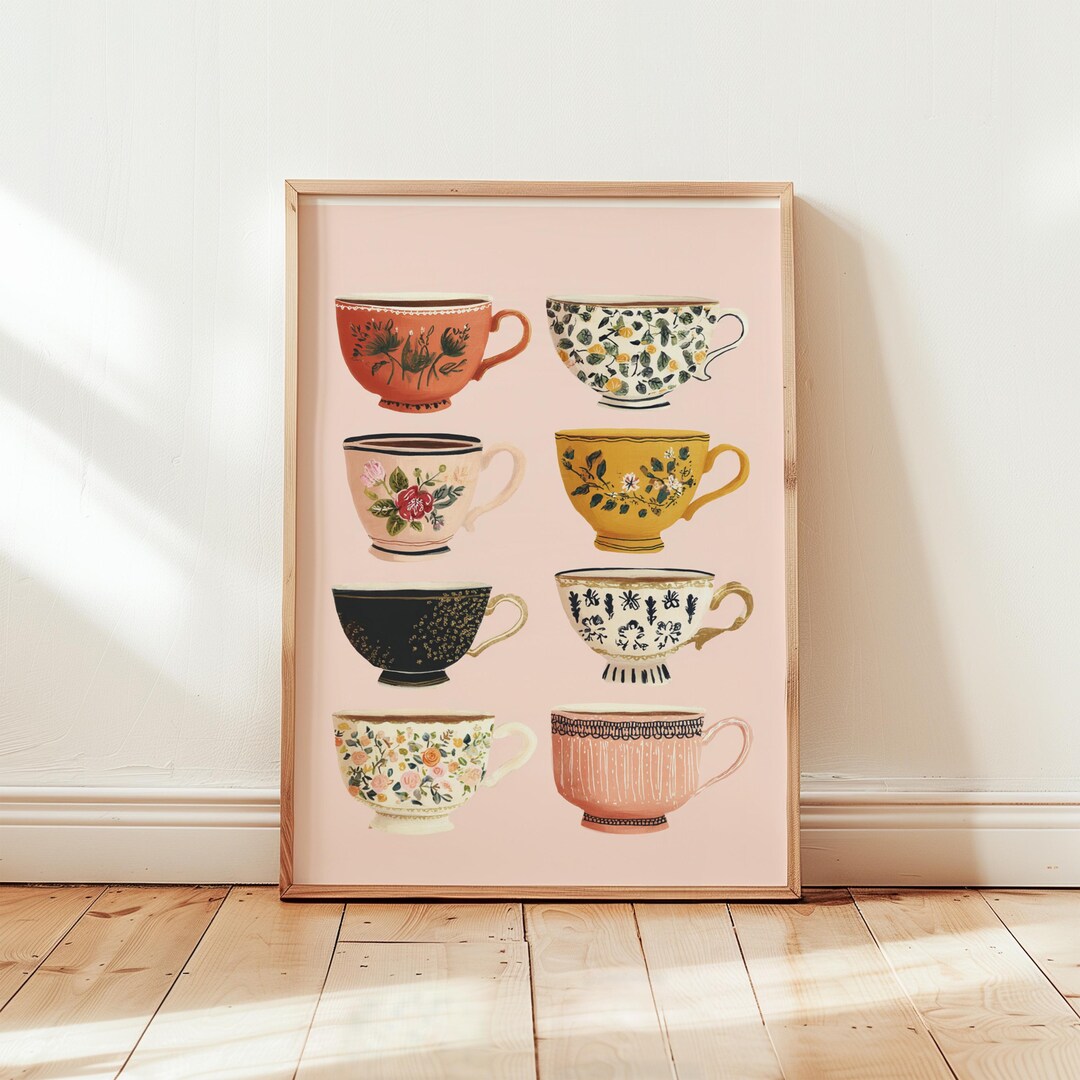 Vintage Teacup Collection Poster | Mismatched Floral Coffee Mugs Wall ...