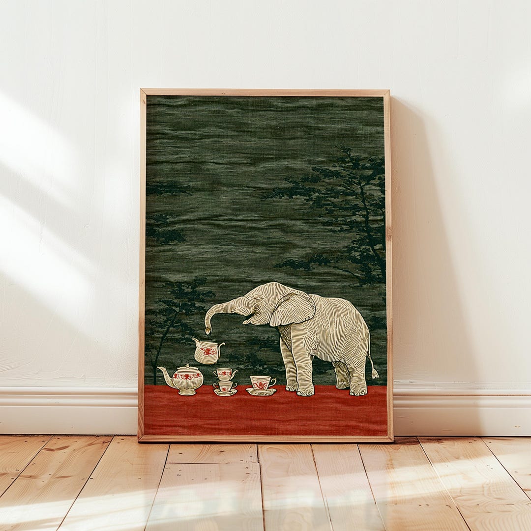 Whimsical Elephant Tea Party Poster | Retro Linocut Animal Wall Art ...