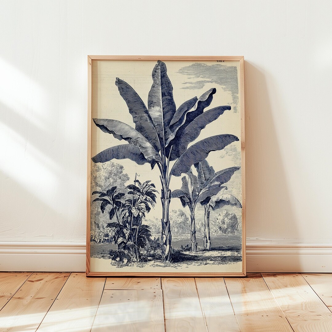 Banana Tree Poster | Navy Blue Etching | Vintage Botanical Illustration ...