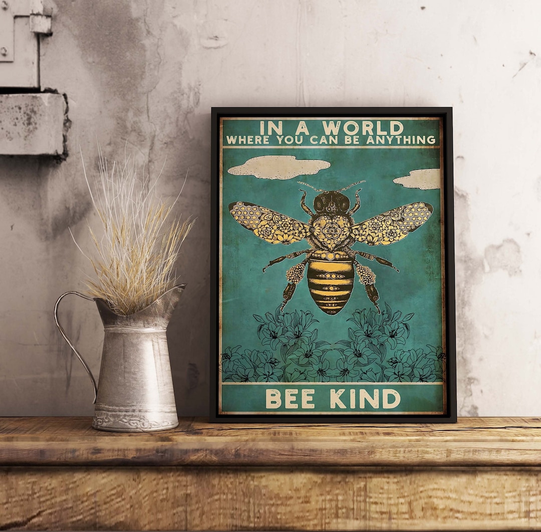 Be Kind Poster, Bee Kind Floral Art Poster, Honey Bee Print, Vintage ...