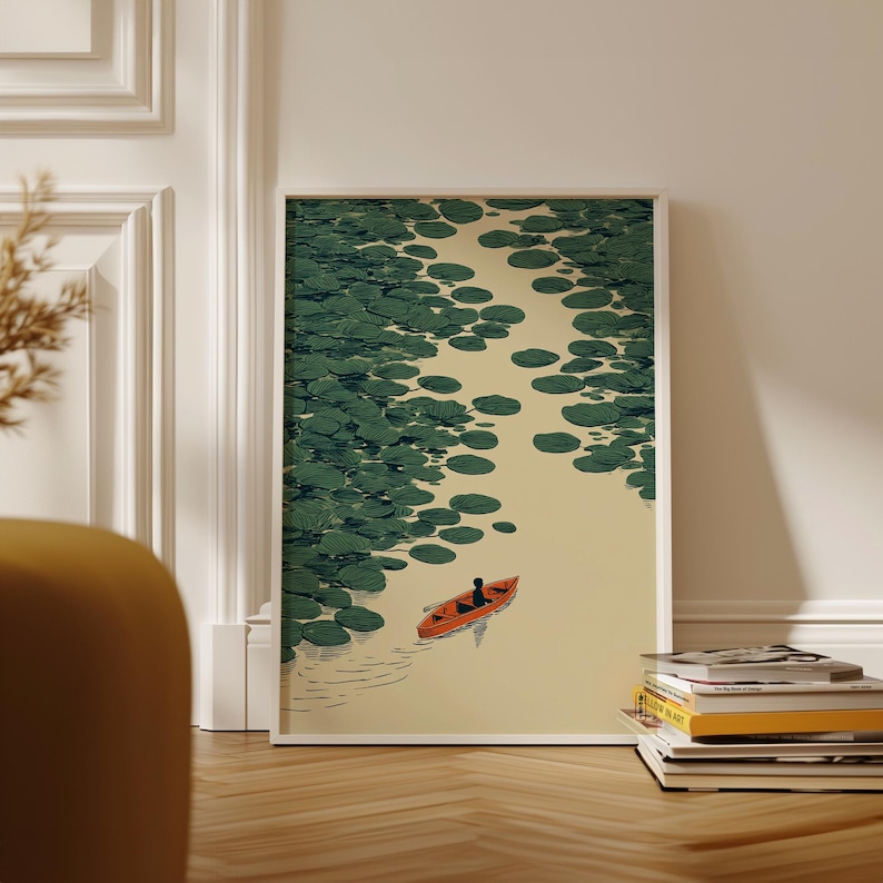 Minimalist Canoe Art Print | Japanese Zen Lily Pad Poster | Emerald ...