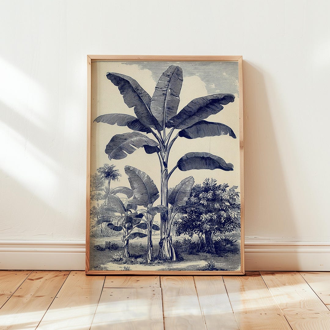 Banana Tree Poster | Navy Blue Etching | Vintage Botanical Illustration ...