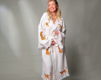Handmade Cotton Muslin White Leopard Kimono Cardigan Robe, Leopard ...