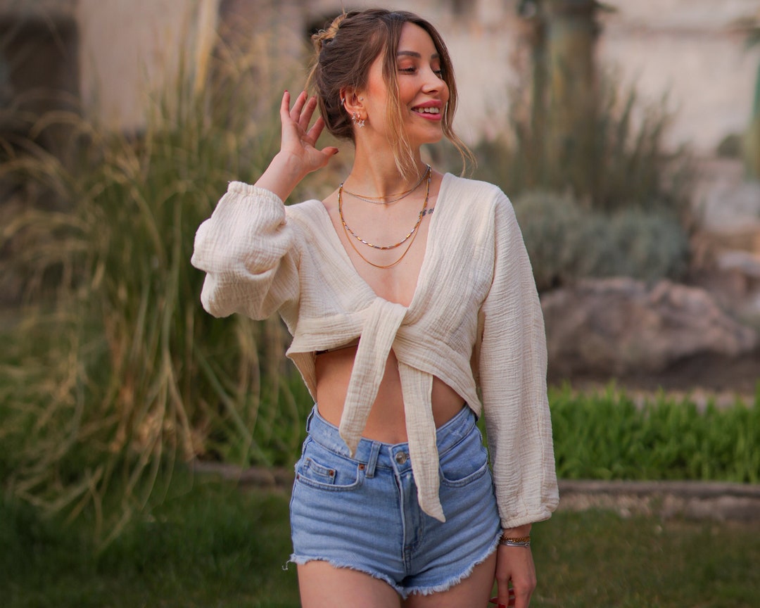 Beige Front Tie Top, Cotton Blouse, Long Sleeve Crop Top, Double Gauze ...