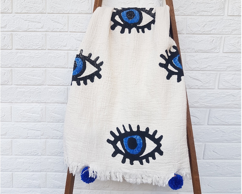 Blue Evil Eye Throw Blanket / Large Boho Throw Blanket / Hand - Etsy