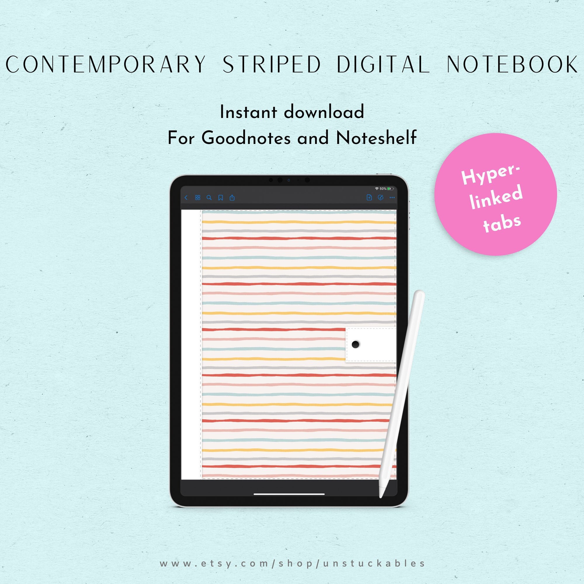 Striped Digital Notebook, Instant Download, 5 Page Colours, 6 Page ...