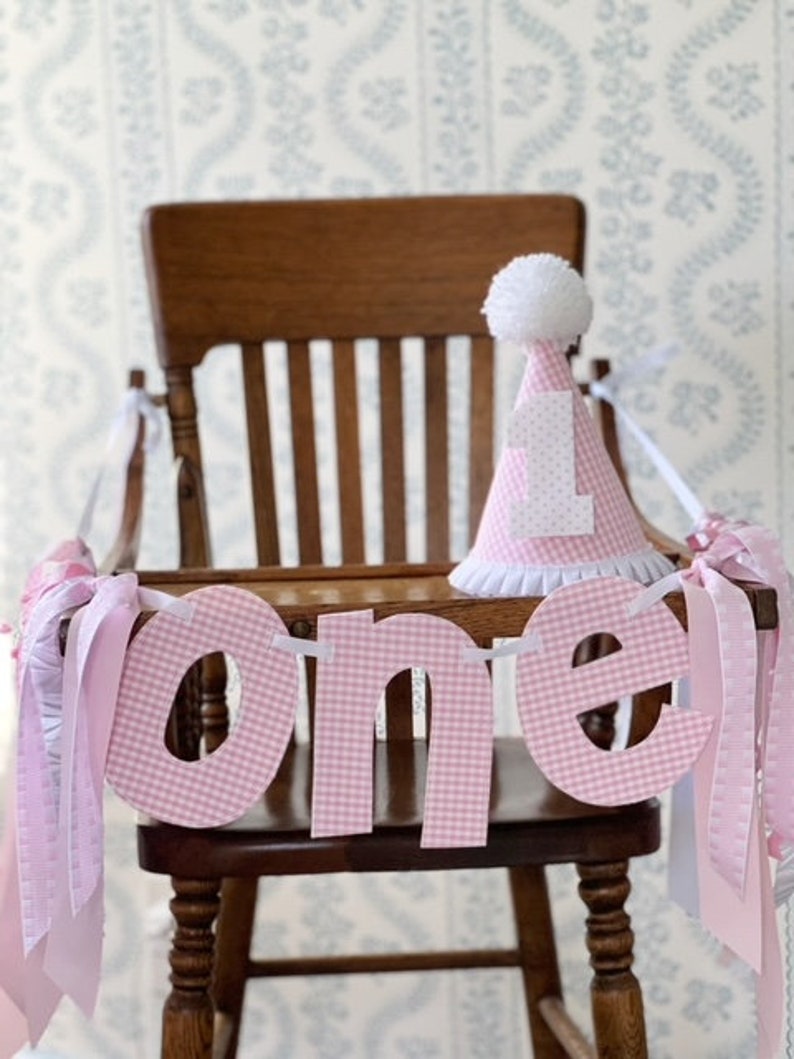 Pink Gingham ONE High Chair Banner and Hat for a First - Etsy