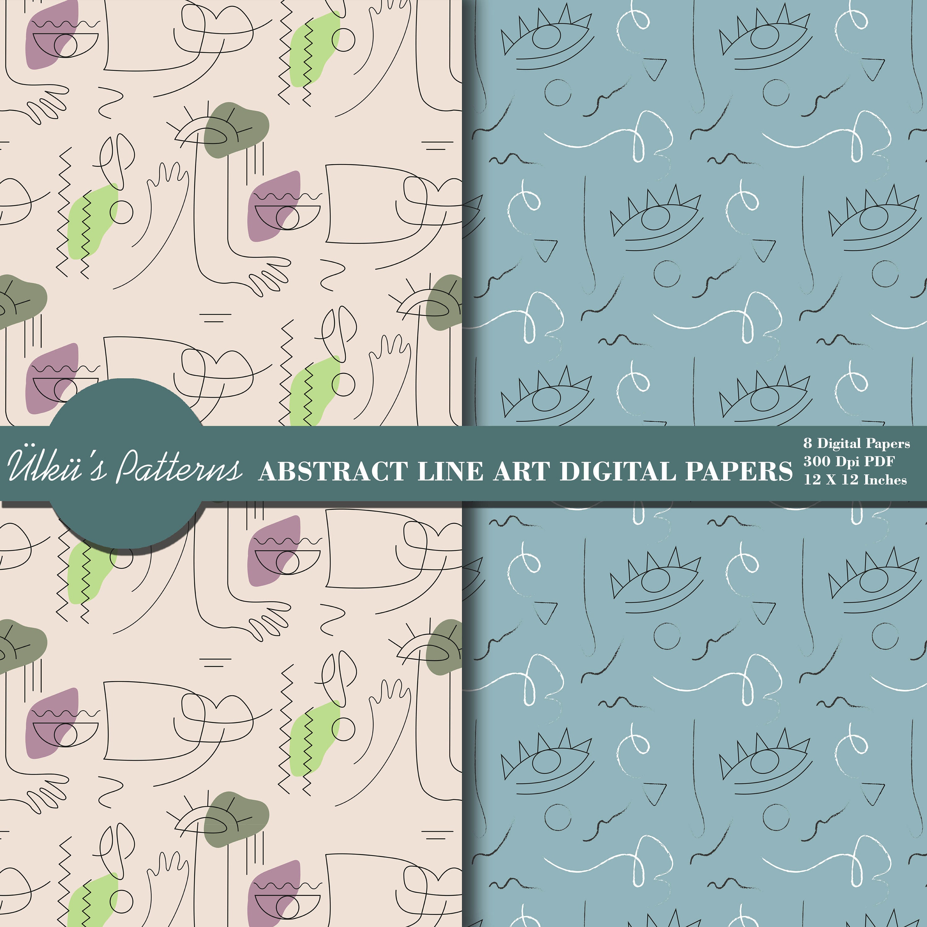 Abstract Line Art Digital Papers,modern Art Background,faces Line ...