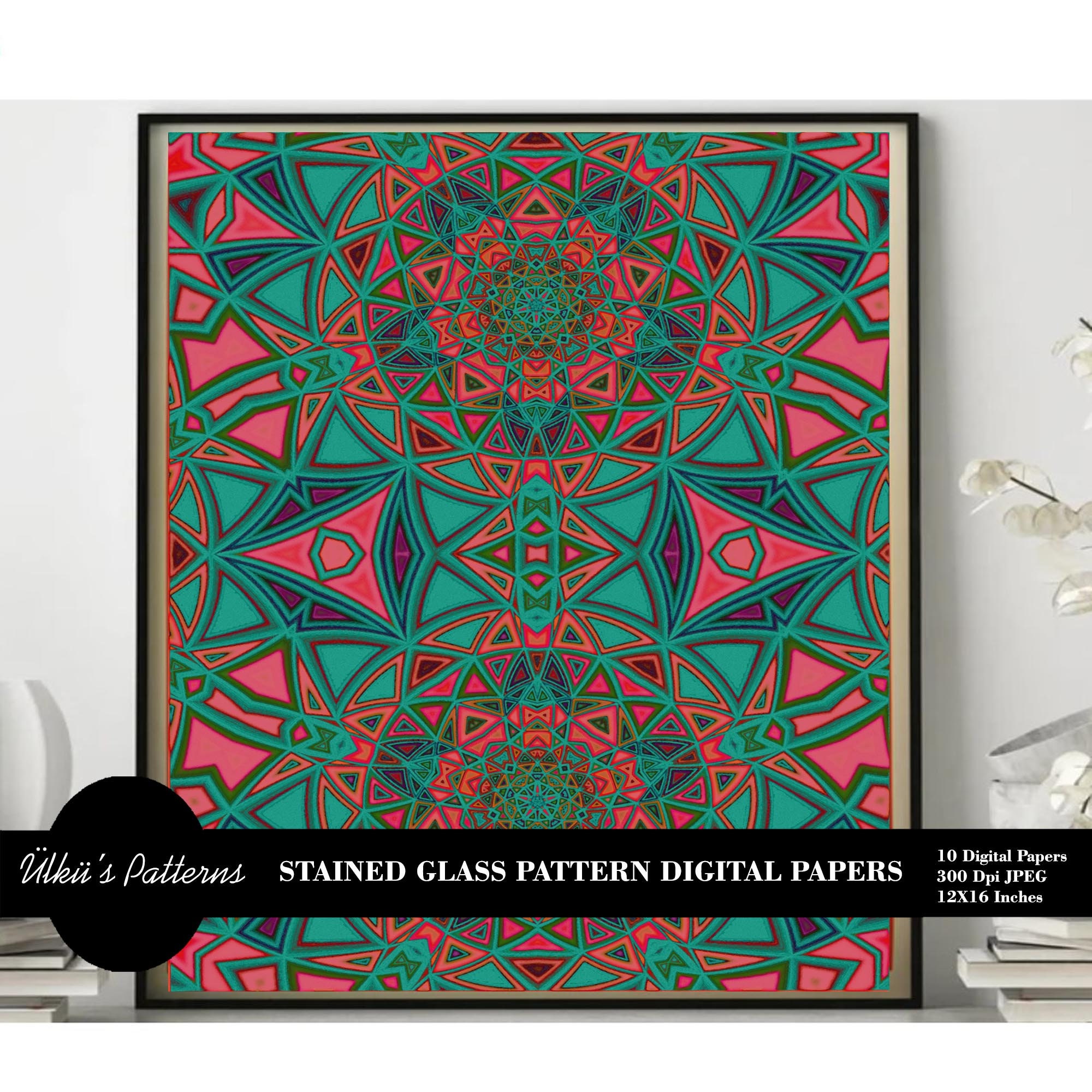 Stained Glass Pattern Digital Papers, Colorful Geometric Interior ...