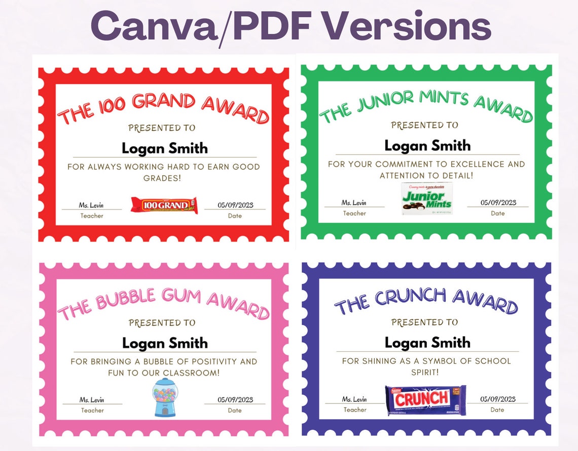 Printable Candy Bar Awards for Students - End of Year Class Awards ...