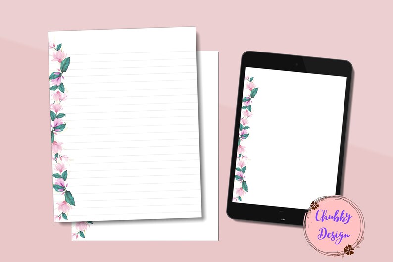 Elegant Pink Floral Print Stationery Pink Floral & Green Leaf Letter ...