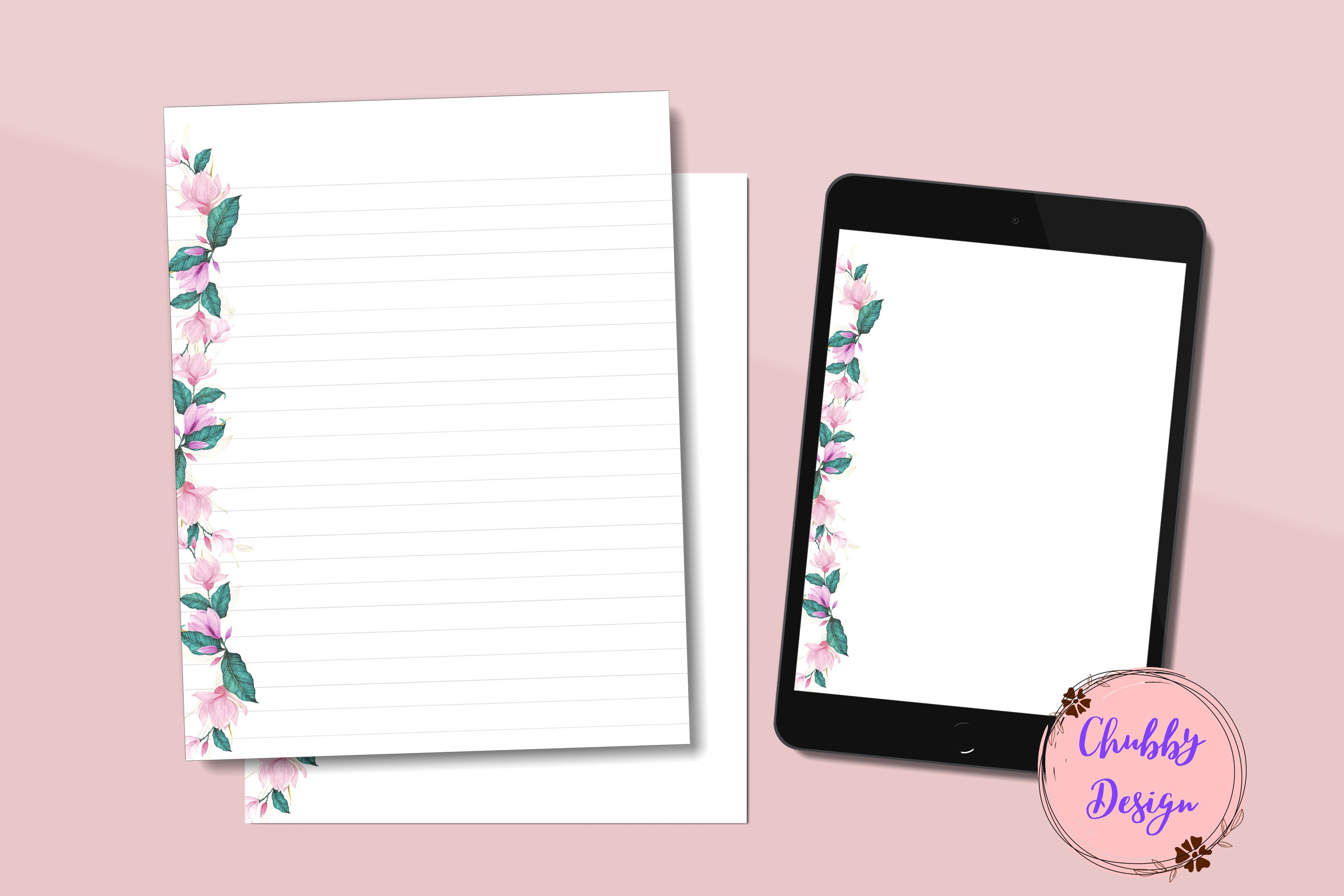 Elegant Pink Floral Print Stationery Pink Floral & Green Leaf Letter ...