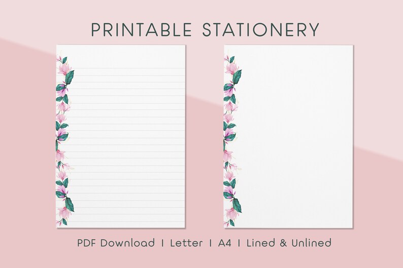 Elegant Pink Floral Print Stationery Pink Floral & Green Leaf Letter ...