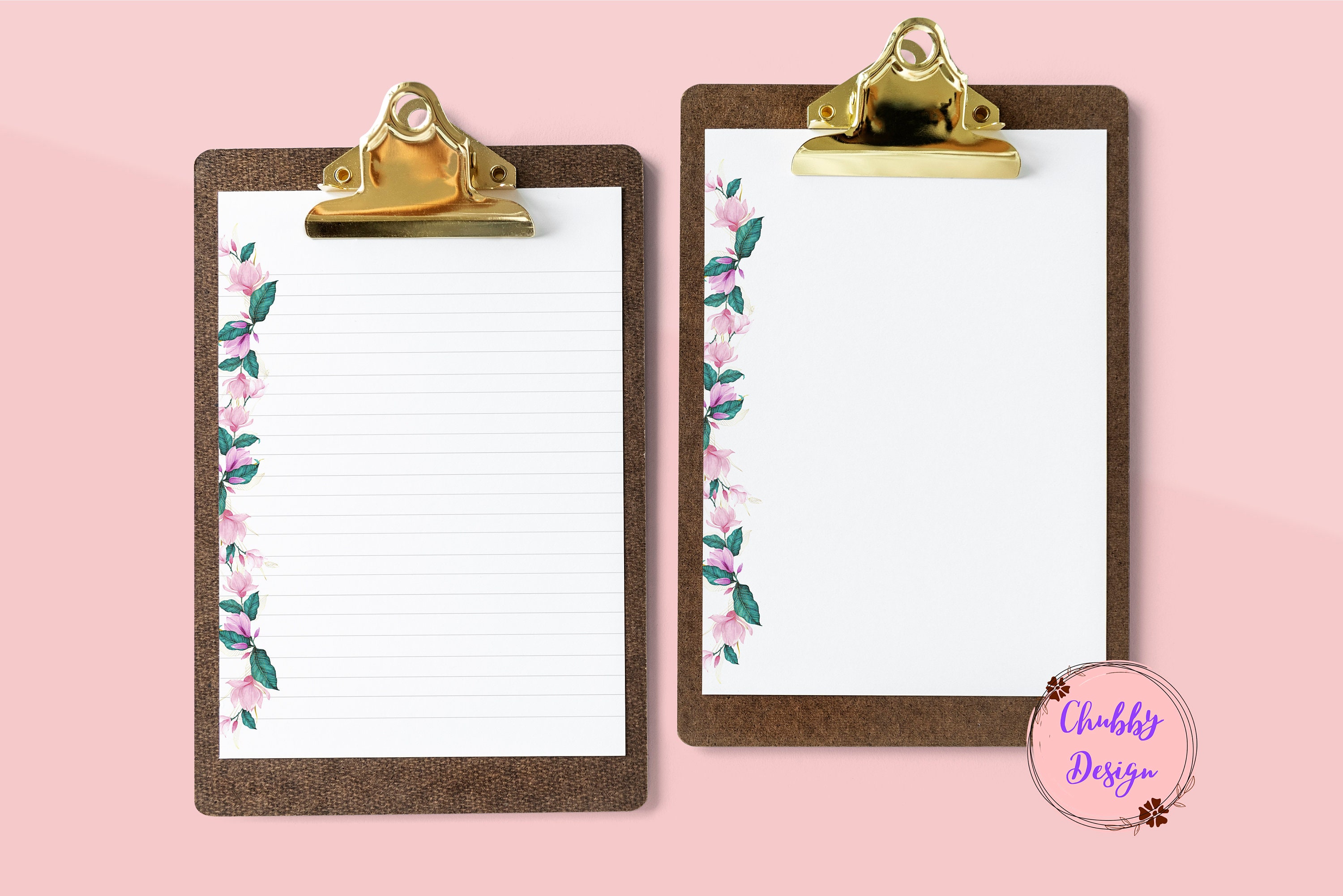 Elegant Pink Floral Print Stationery Pink Floral & Green Leaf Letter ...